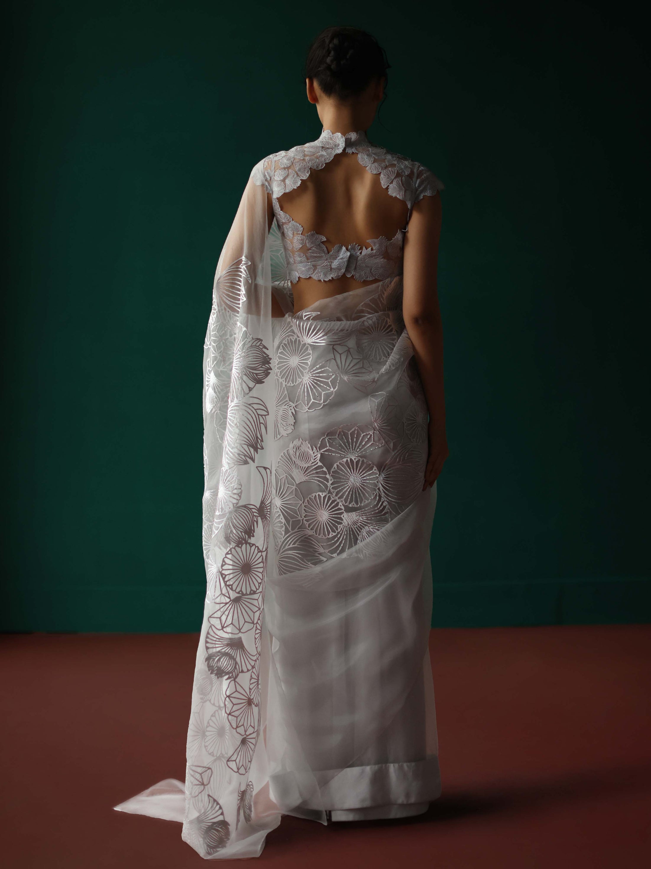 Organza Saree - Shop Stylish Silver Crystal Bloom Saree – ShriyaKhanna